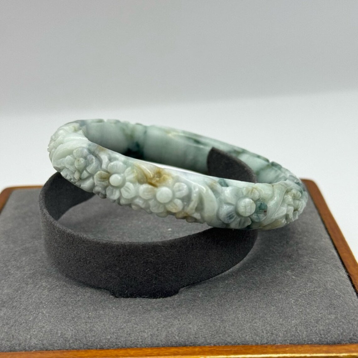 Burmese Jade Bangle Carved Flower Pattern White Gray Honey Donut Shape ...
