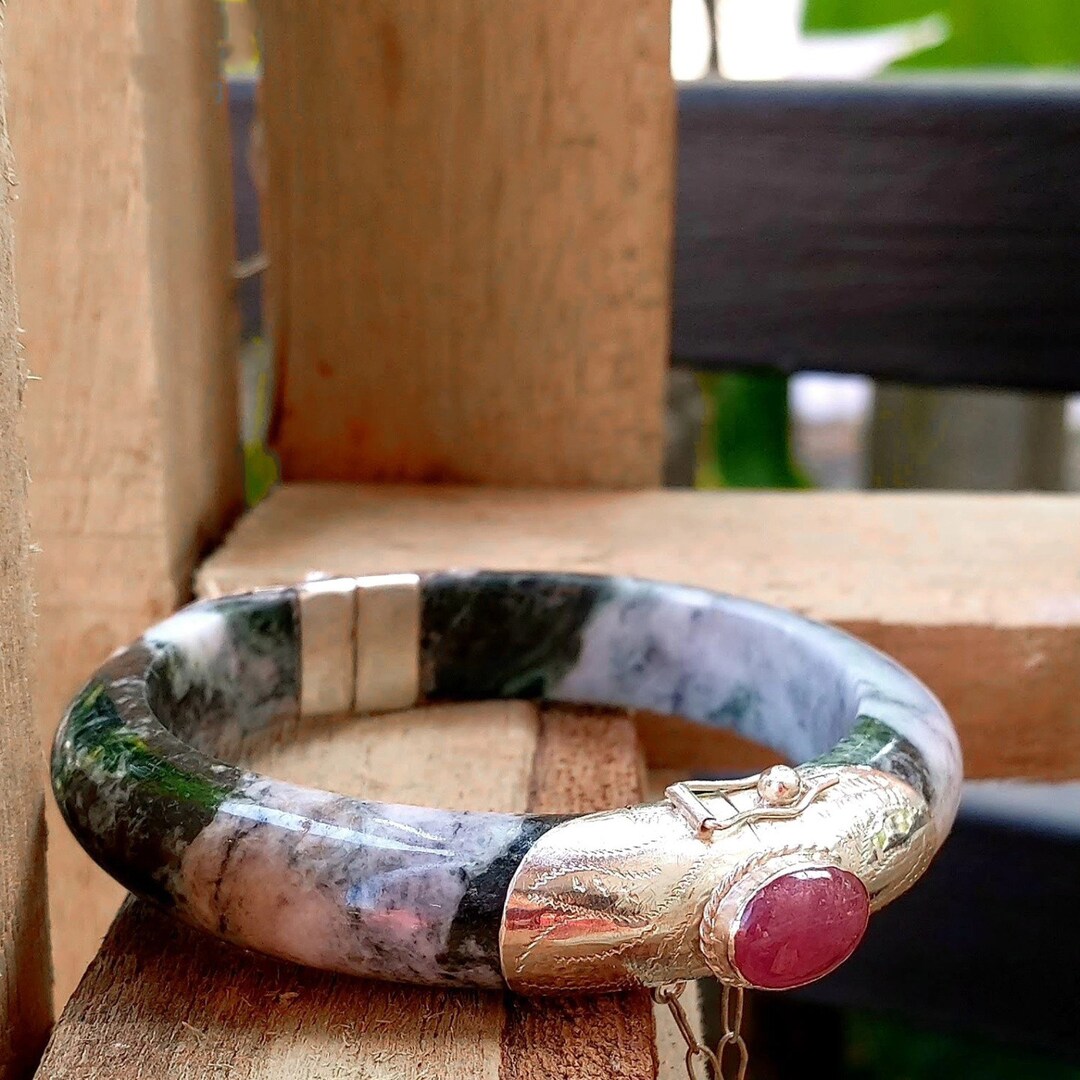 Burmese Hinged Jade Bangle Kin Bo Xiang Grayish With and Dark Green ...