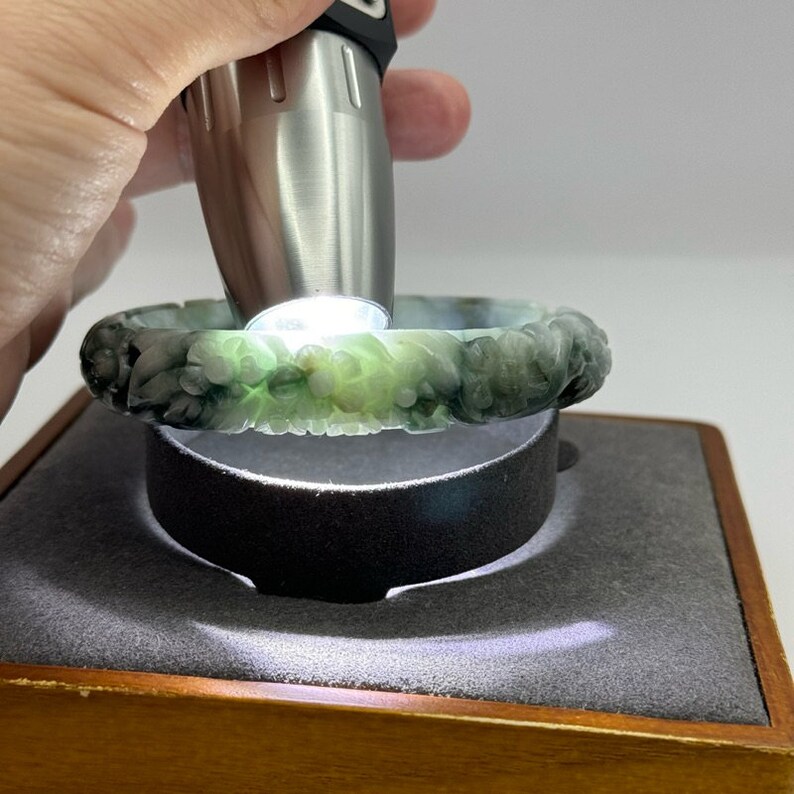 Burmese Jade Bangle Carved Flower Pattern White Gray Honey Donut Shape ...