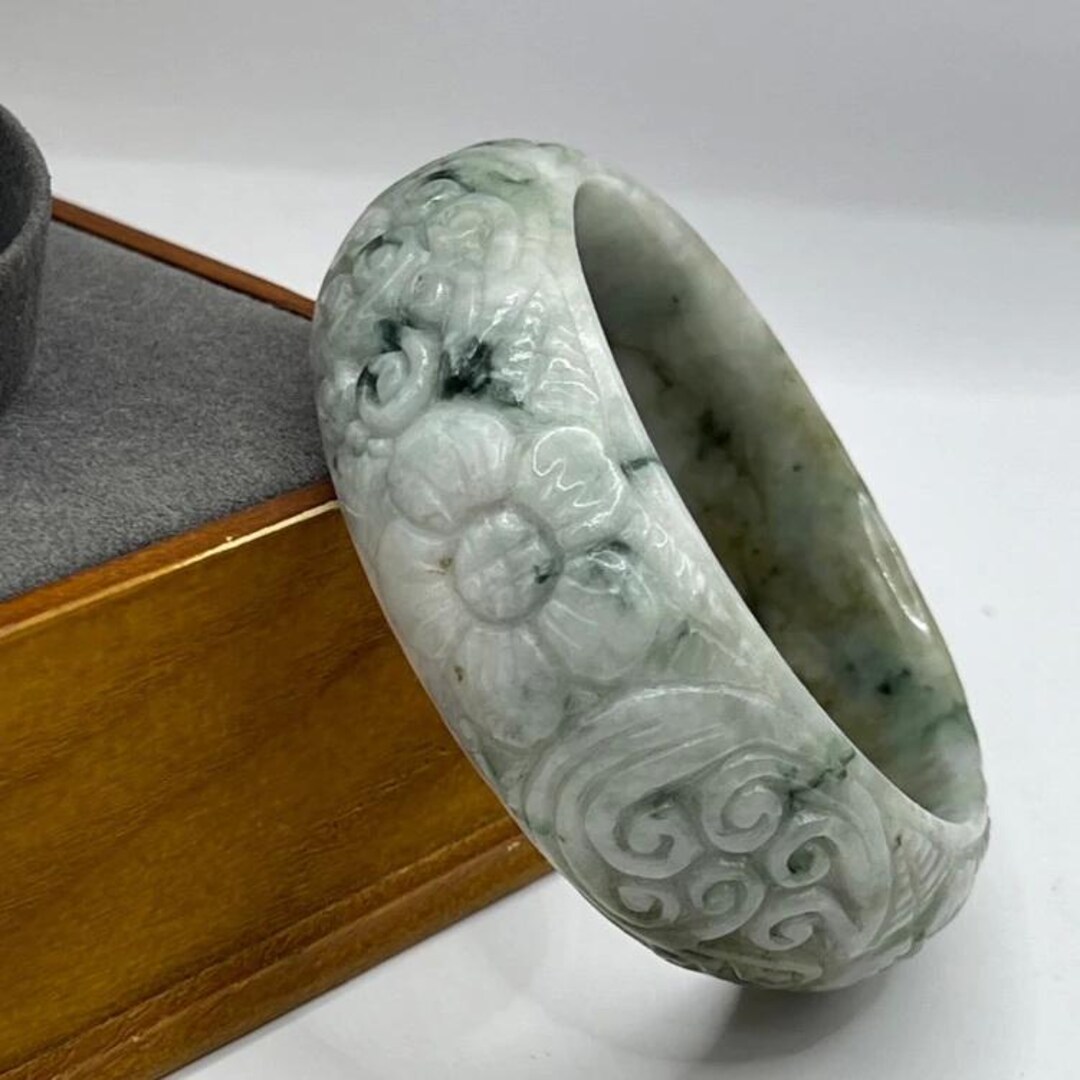 Rare Large Burmese Jade Bangle Wide Face Carved Flowers and Vines of ...