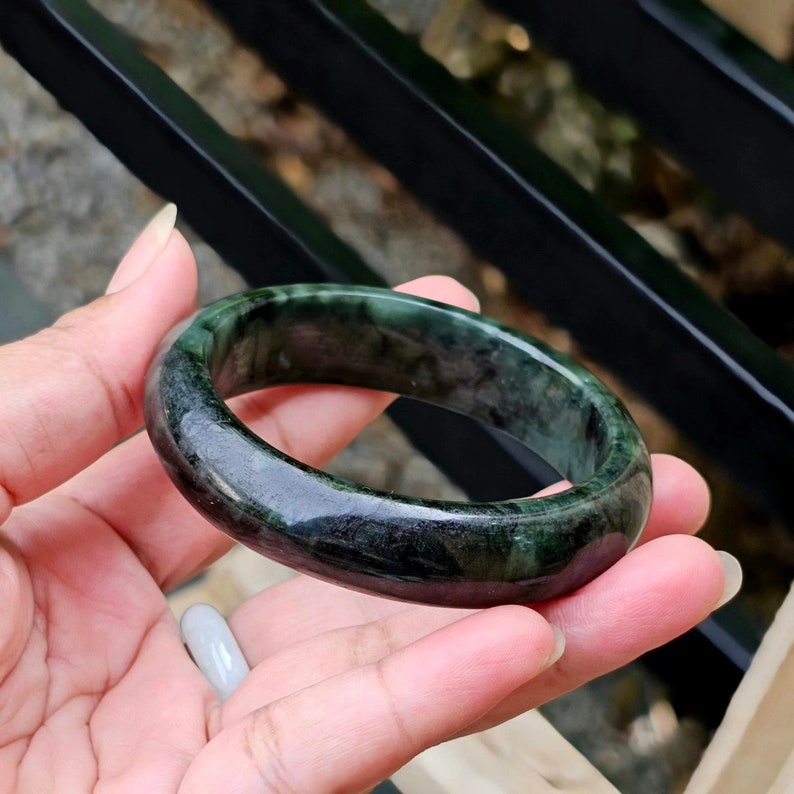 Burmese Jade Bangle, Dark Green With Black Spots (53.2 Mm) - Etsy