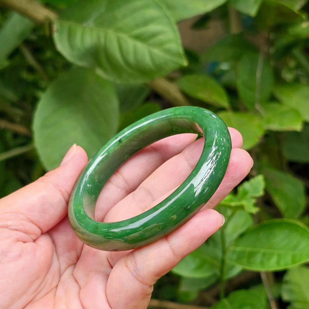 Nephrite Jade Bangle Bracelet: Clear Green, Natural Black Spots, 56.6 ...