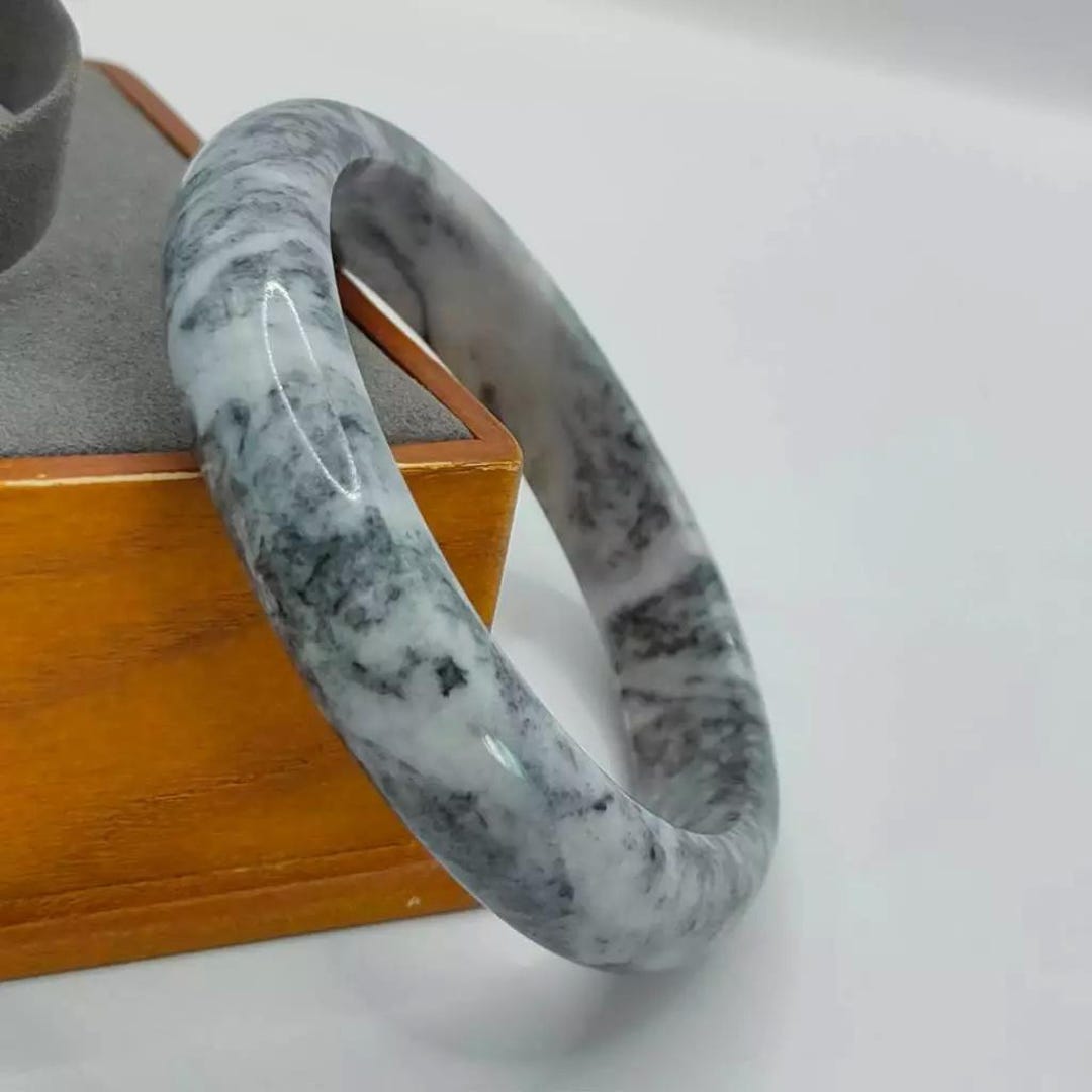 Burmese Jade Bangle Natural Jadeite Smooth Gray Marble Pattern Large ...