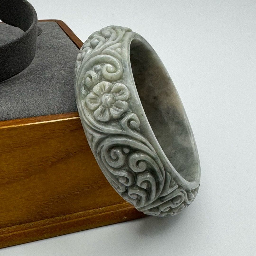 Burmese Jade Bangle Carved Flowers and Wealth-related Vines Natural ...