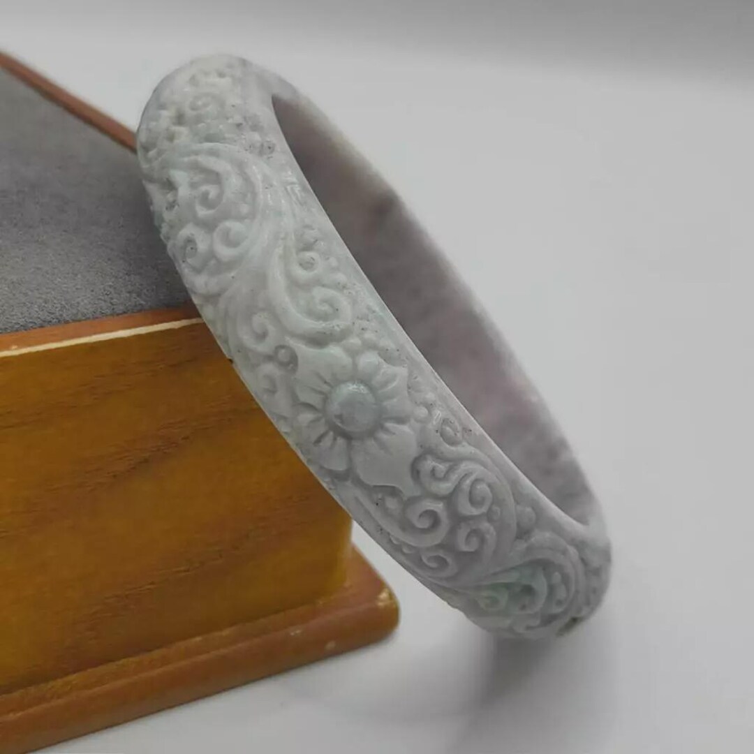 Burmese Jade Bangle Carved Flower and Vines of Wealth White & Gray Flat ...