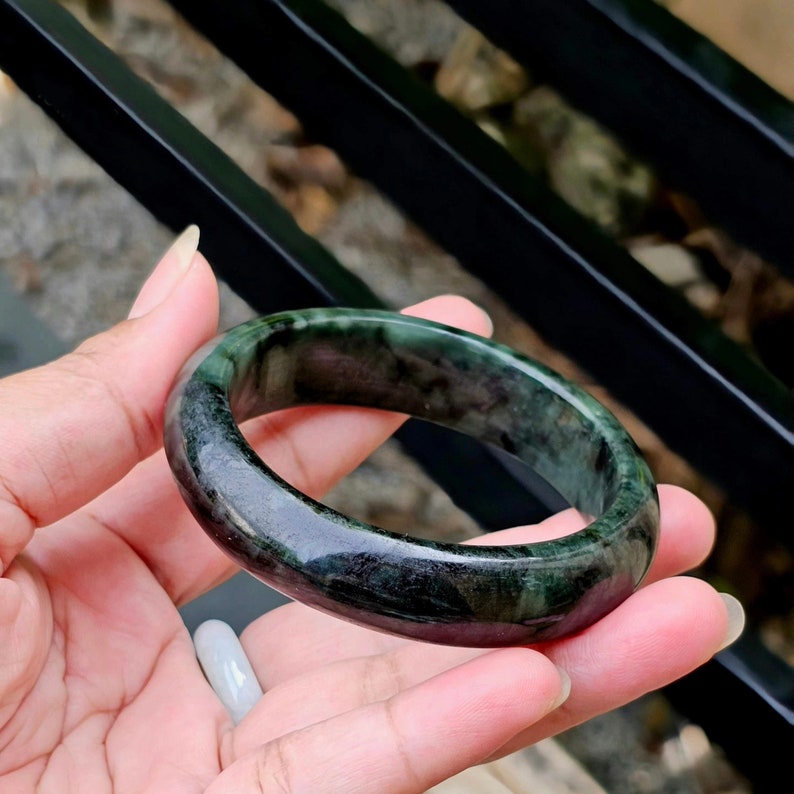 Burmese Jade Bangle, Dark Green With Black Spots (53.2 Mm) - Etsy