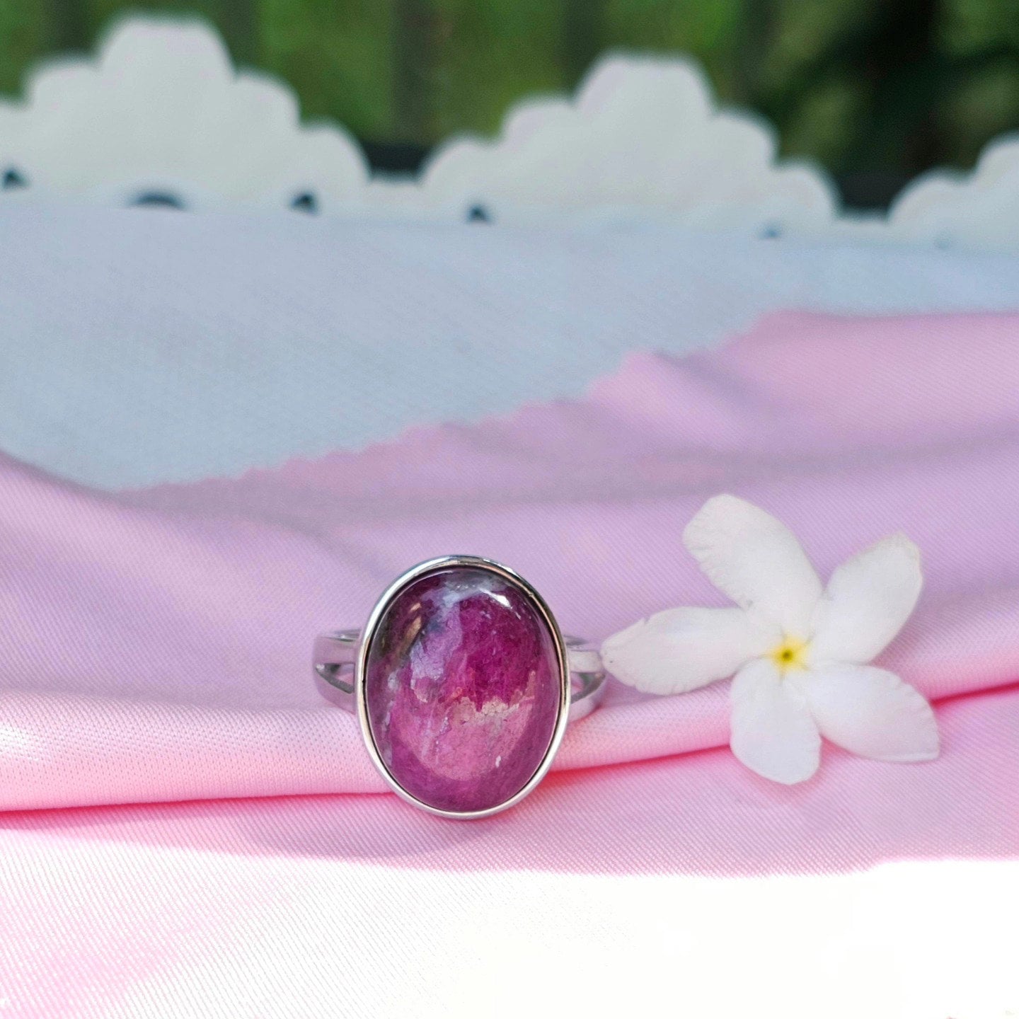 Pink and Purple Ruby Ring Cabochon Shape Large Beads 925 Silver Body ...
