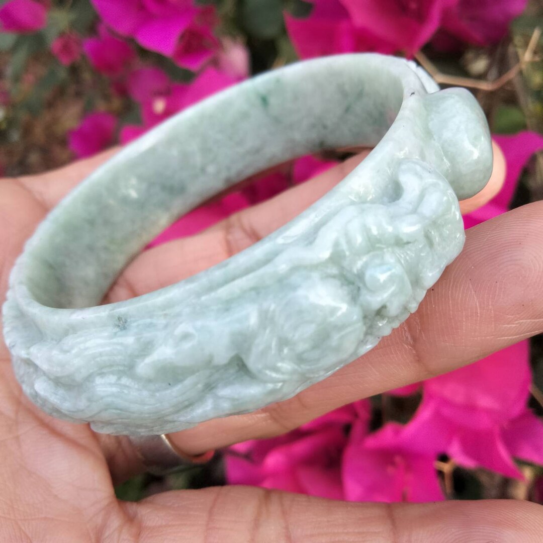 Burmese Jade Bangle: Carved Dragon, Light Green Jadeite (55.4 Mm Inner ...