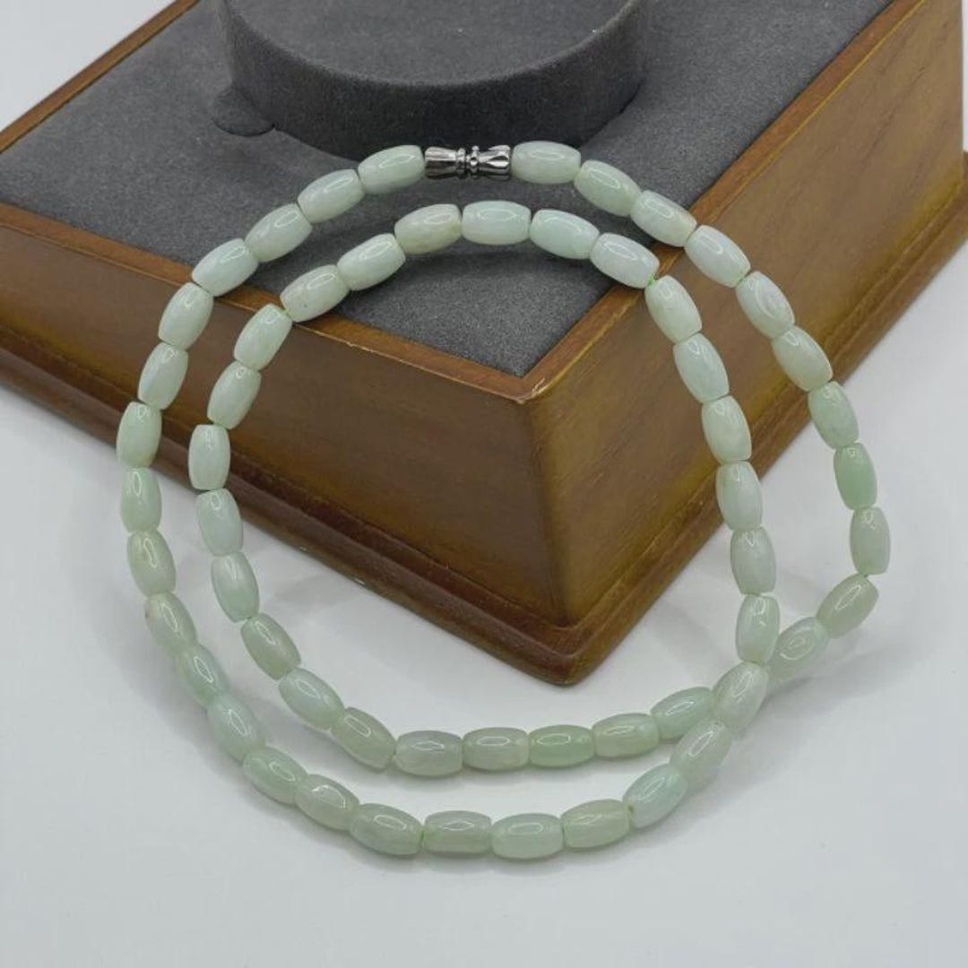 Burmese Jade Barrel Necklace: Natural Green Jadeite, Sterling Silver ...