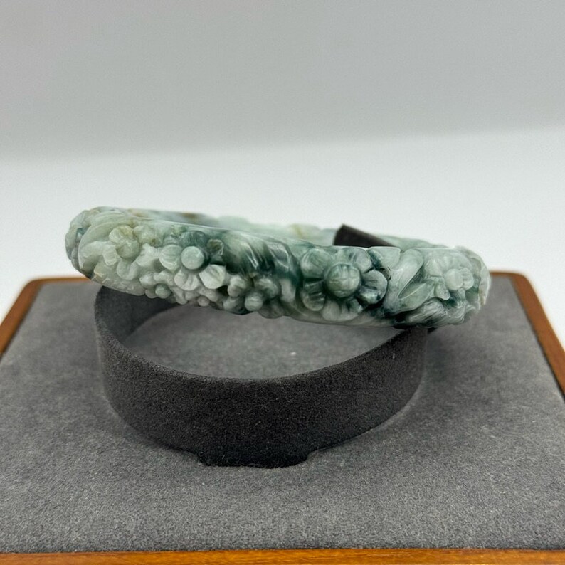 Burmese Jade Bangle Carved Flower Pattern White Gray Honey Donut Shape ...