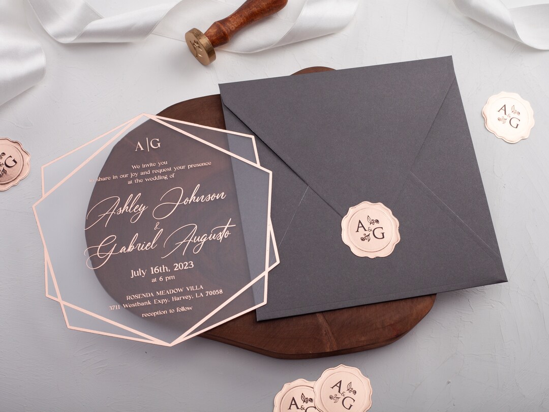 Gray & Rose Gold Foil Acrylic Wedding Invites, Elegant Gray Wedding ...