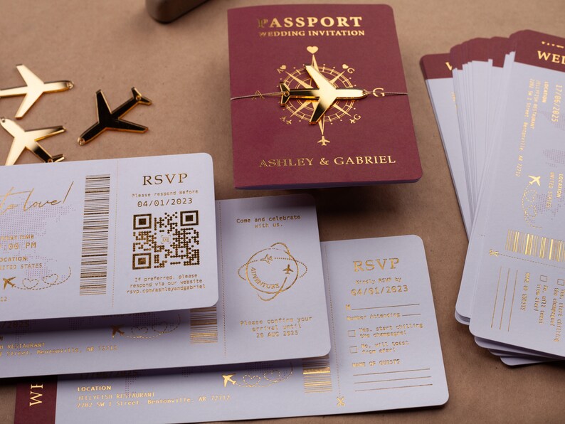 Burgundy & Gold Foil Passport-style Wedding Invitation: Boarding Pass ...