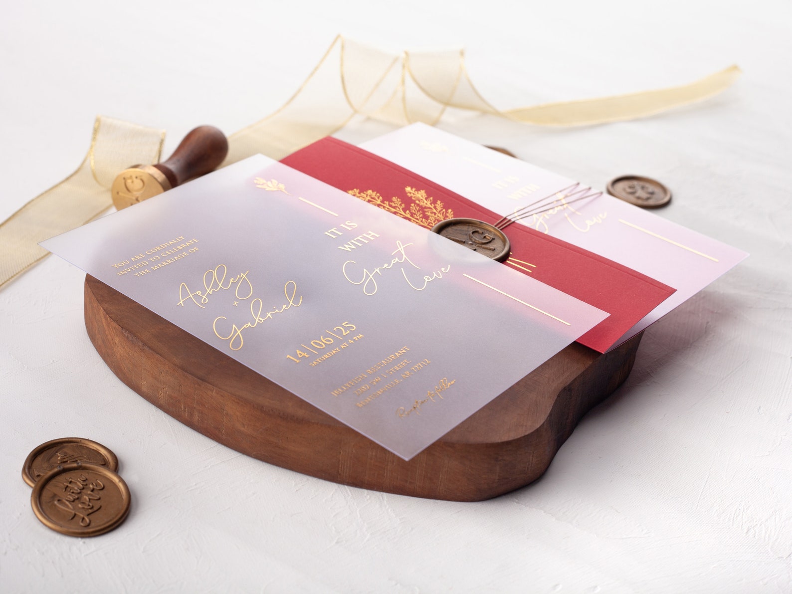 Red & Gold Foil Acrylic Wedding Invitations With Folded Envelope, Gold ...