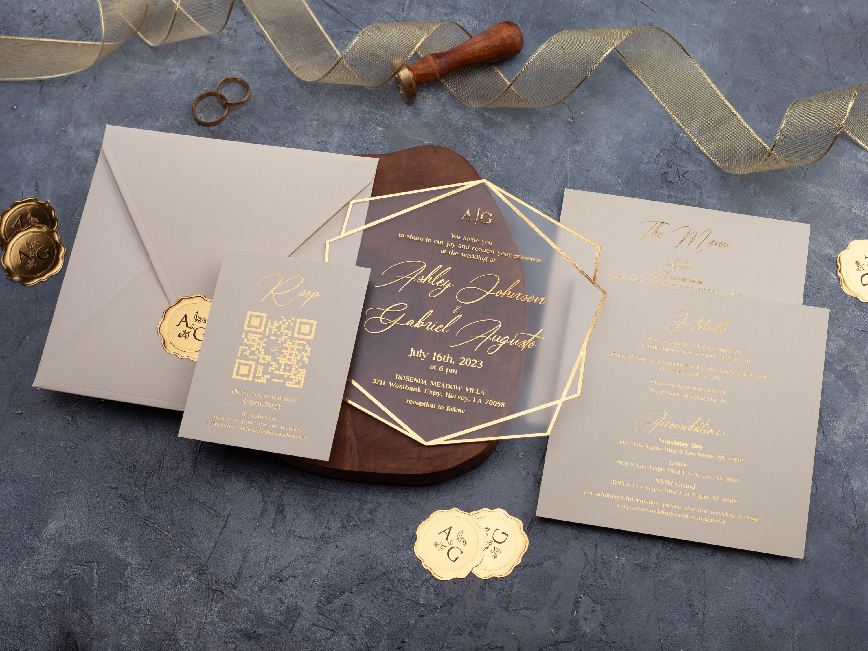 Ivory and Gold Acrylic Wedding Invitations With Gold Foil Print - Etsy