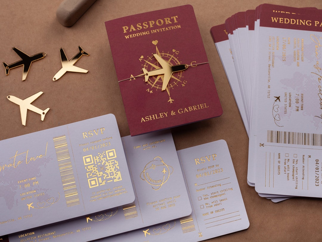 Burgundy & Gold Foil Passport-style Wedding Invitation: Boarding Pass ...