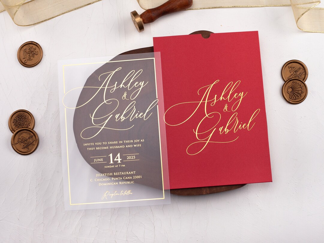 Custom Red & Gold Acrylic Wedding Invitation With Elegant Gold Foil ...