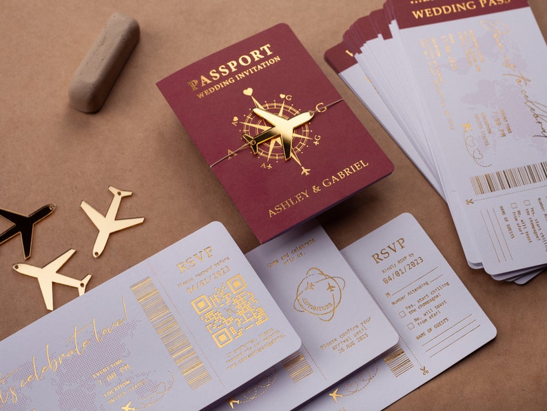 Burgundy & Gold Foil Passport-style Wedding Invitation: Boarding Pass ...