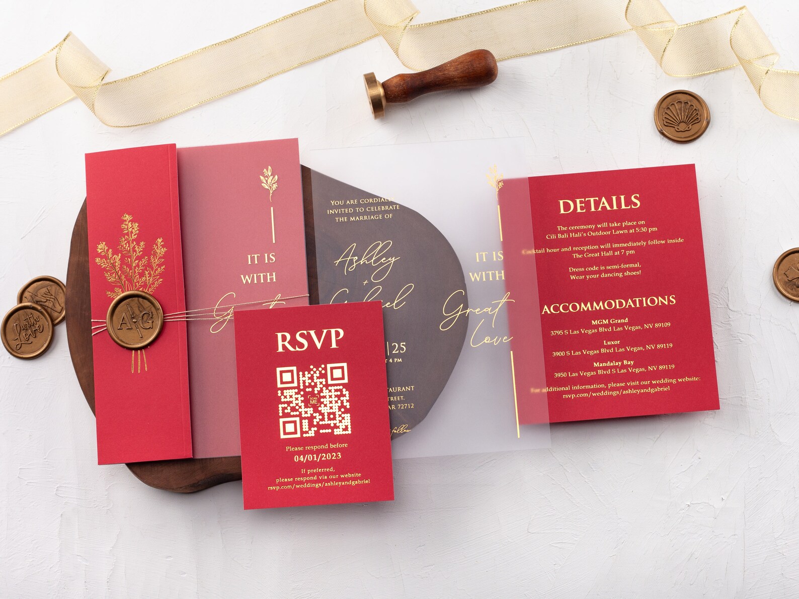Red & Gold Foil Acrylic Wedding Invitations With Folded Envelope, Gold ...