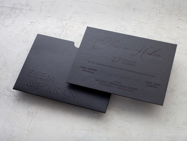 Embossed Black Wedding Invite With Black Foil, Elegant, Thick, and ...