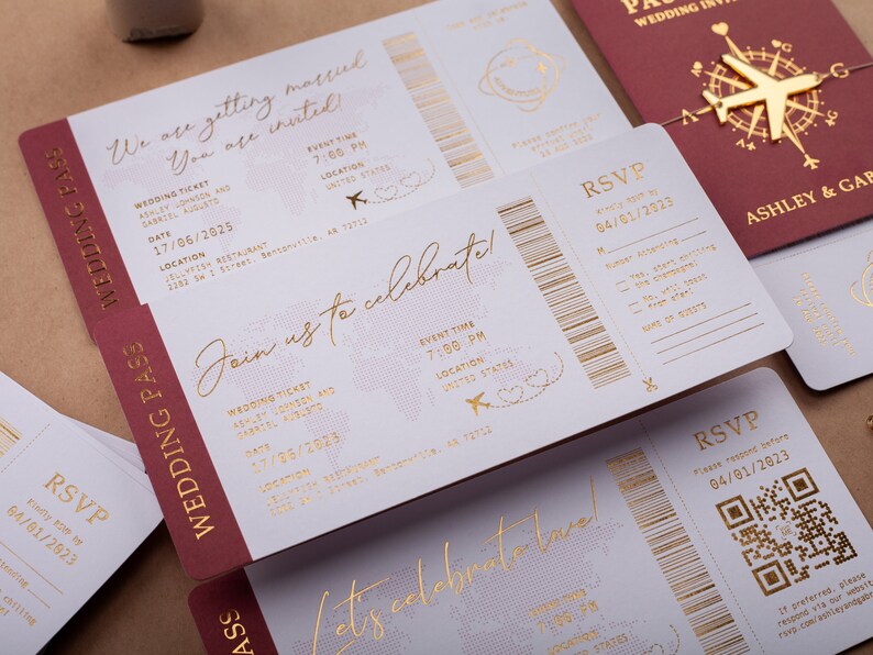 Burgundy & Gold Foil Passport-style Wedding Invitation: Boarding Pass ...