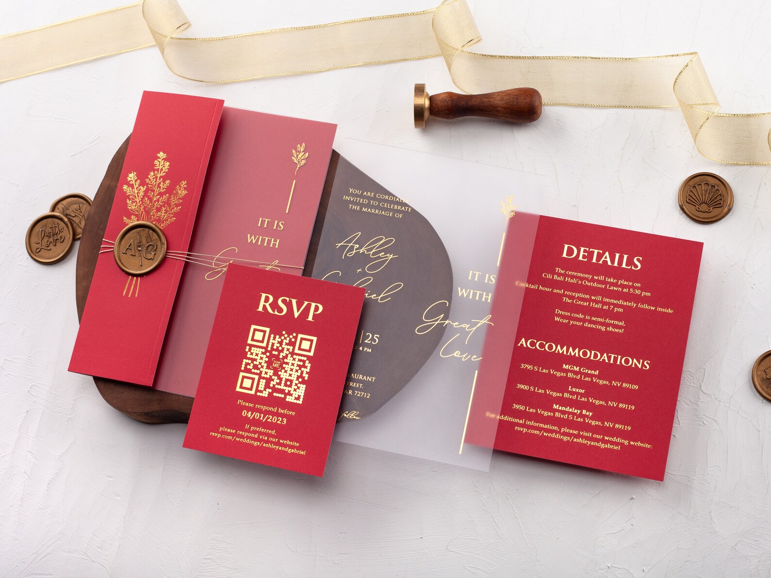 Red & Gold Foil Acrylic Wedding Invitations With Folded Envelope, Gold ...
