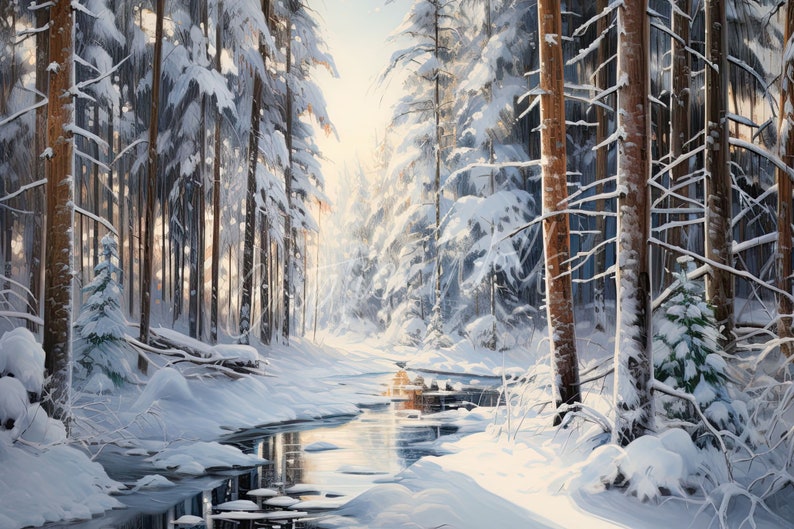 Winter Forest Painting Digital Art, Rustic Landscape, Moody Forest ...