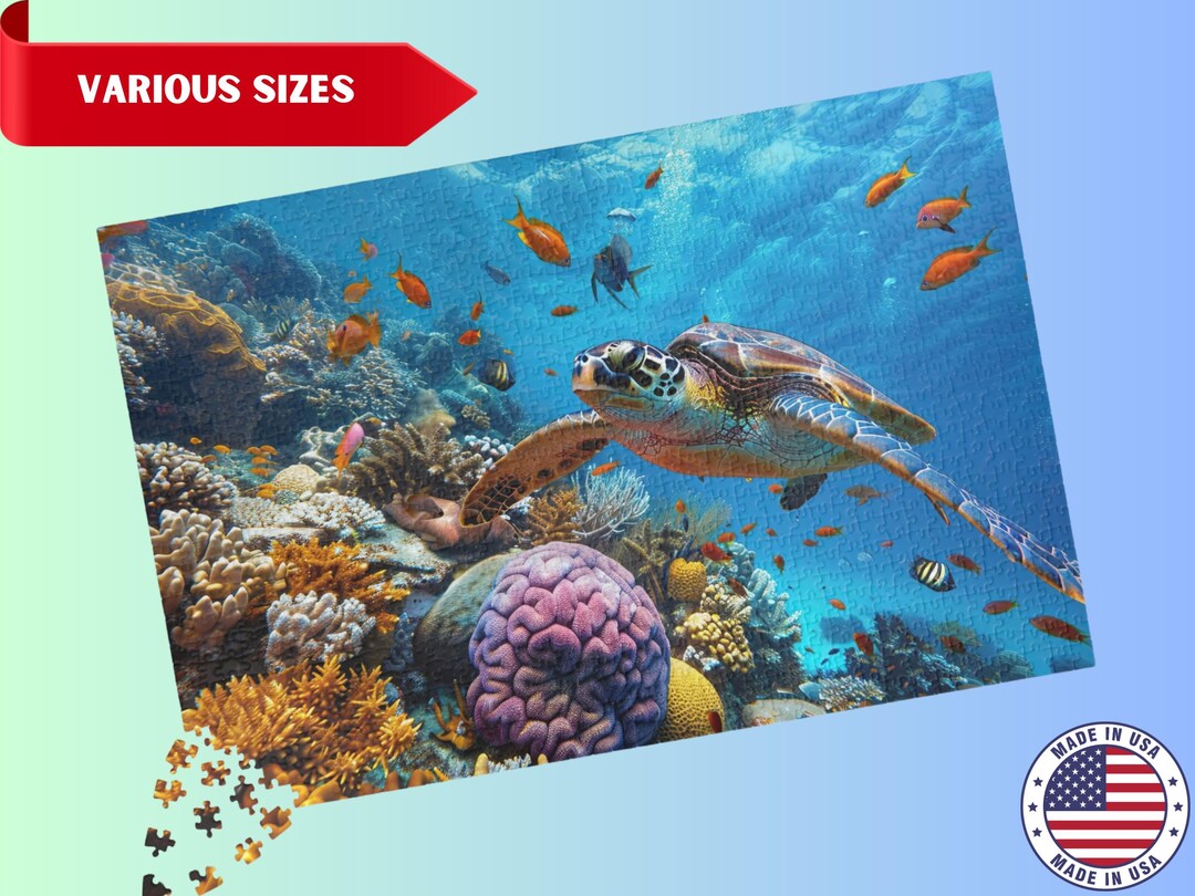 Sea Turtle Puzzle, Underwater Ocean Art, Coral Reef, Gift for Him or ...