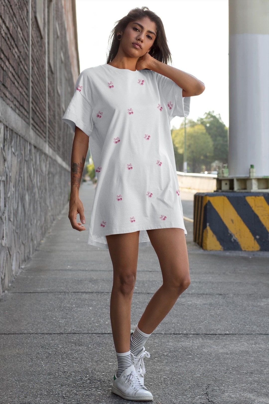 Pink Cherry Coquette T-shirt Dress AOP, All Over Print T-shirt Dress ...