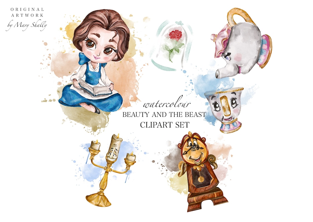 Beauty and the Beast Watercolor Painting Lumiere Cogsworth Mrs. Potts ...