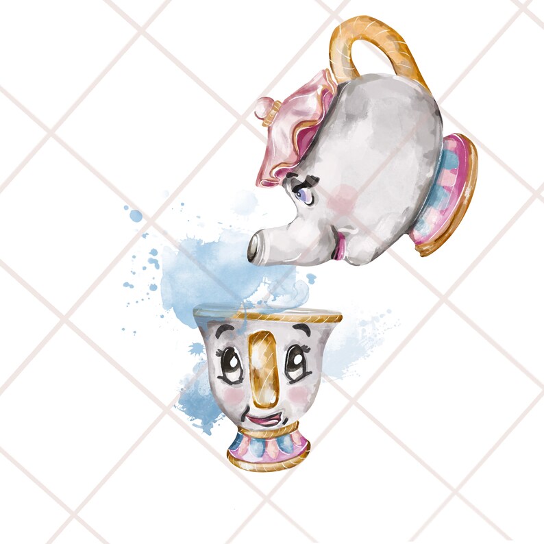 Beauty and the Beast Watercolor Painting Lumiere Cogsworth Mrs. Potts ...