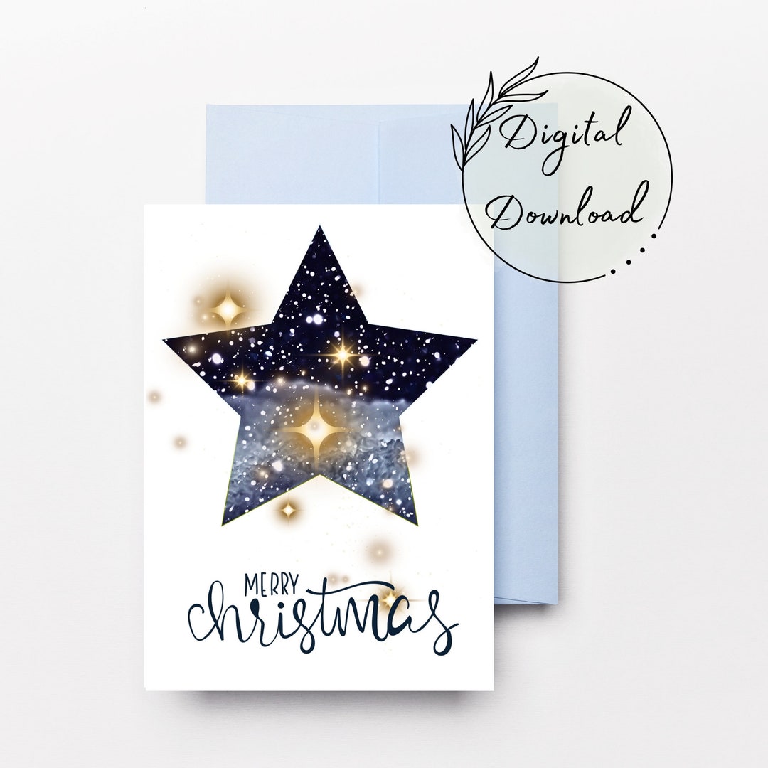 Printable Merry Christmas Star Greeting Card, PDF Download, Christmas ...