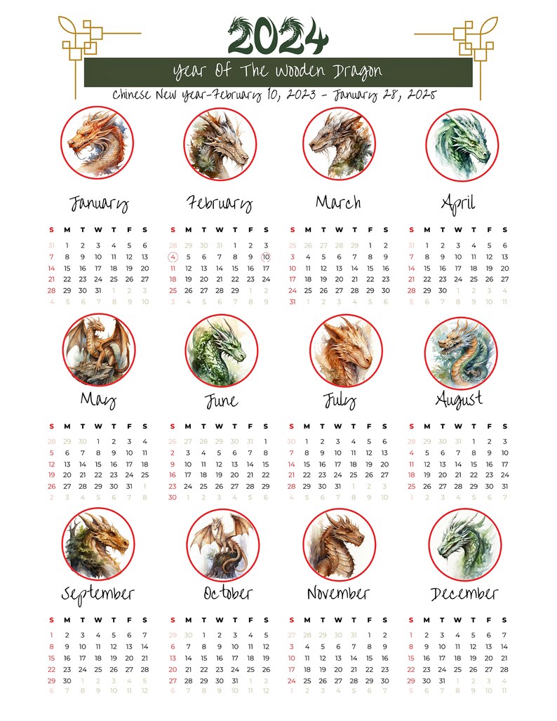 Printable Luar New Year 2024 Calendar, Year of the Wooden Dragon ...