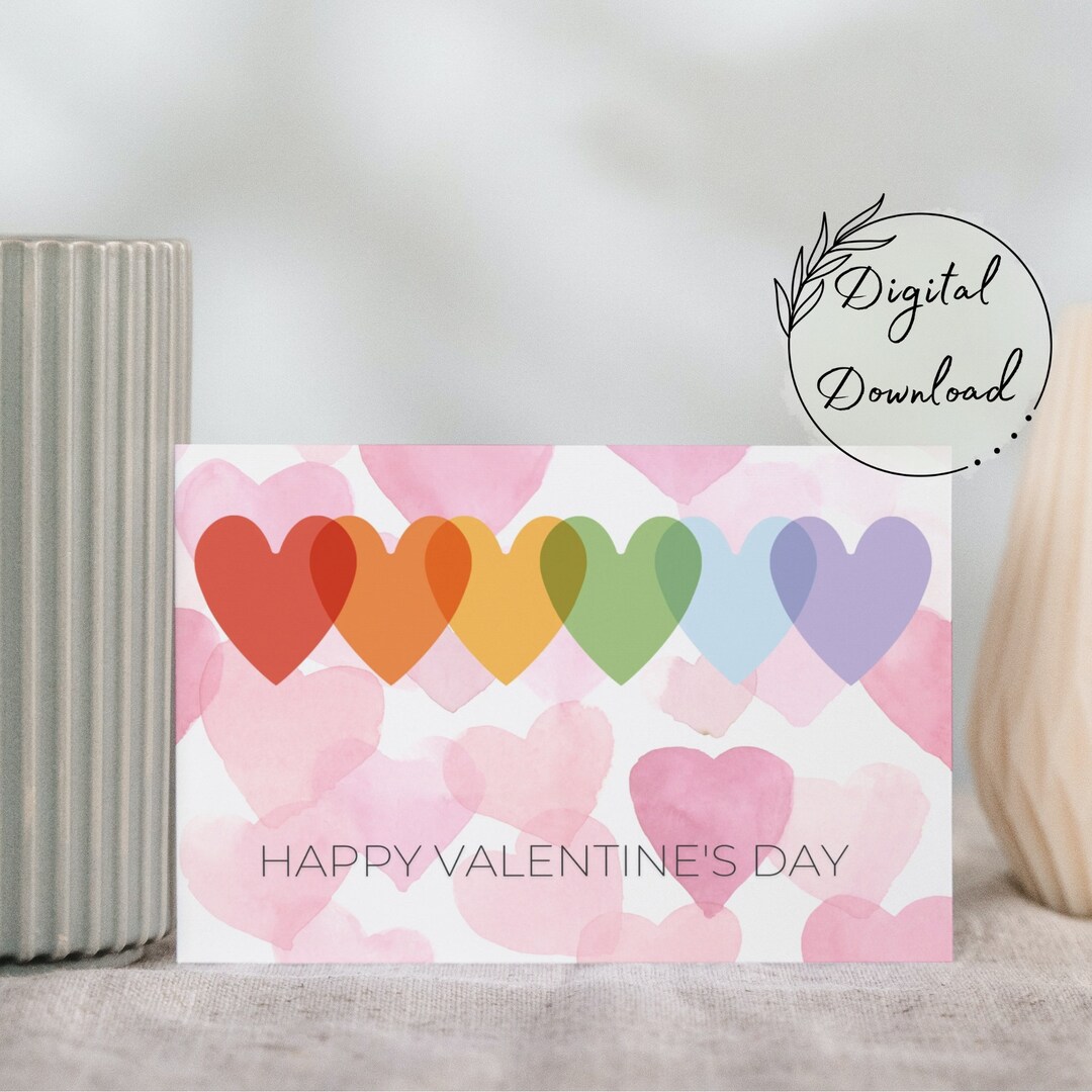 Printable Rainbow Hearts Valentine's Greeting Card, PDF Download, All ...