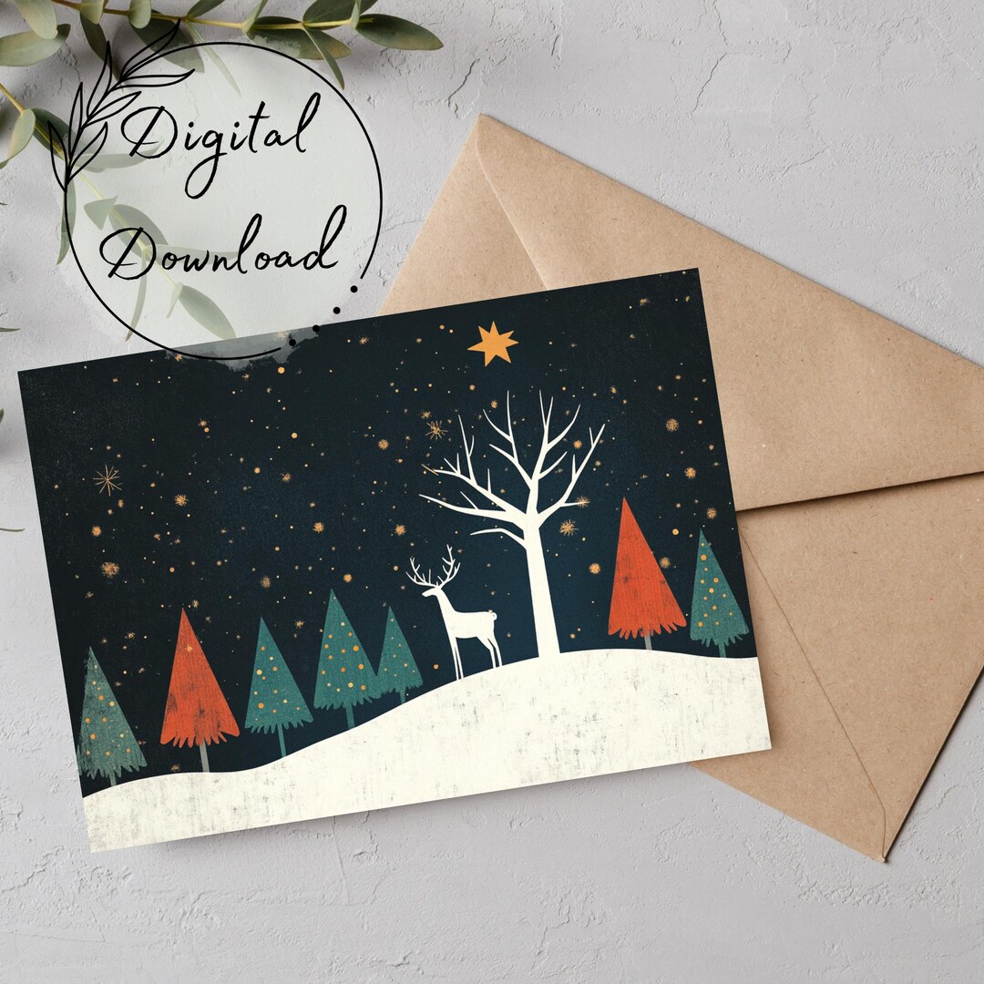 Printable Winter Trees Greeting Card, PDF Download, Pine Trees ...