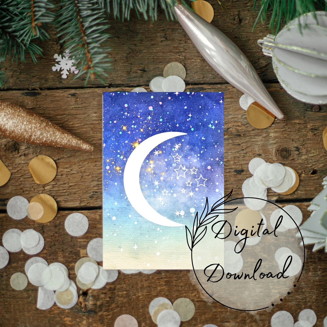 Watercolor Moon Stars Christmas Card, Celestial Holiday, Blank Greeting ...