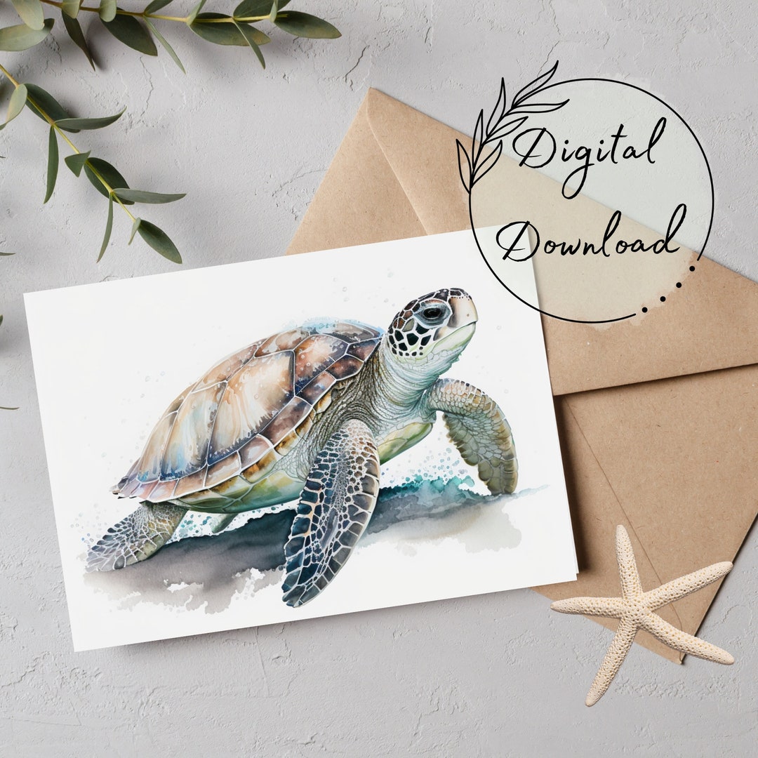 Sea Turtle Watercolor Printable Greeting Card, PDF Download, All ...