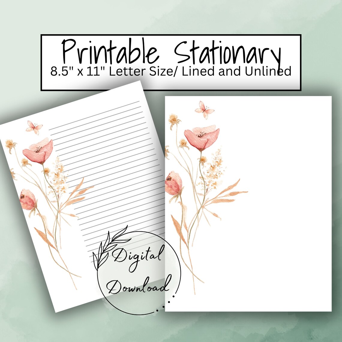 Printable Pink Wildflower Stationary Lined and Unlined, PDF Download ...