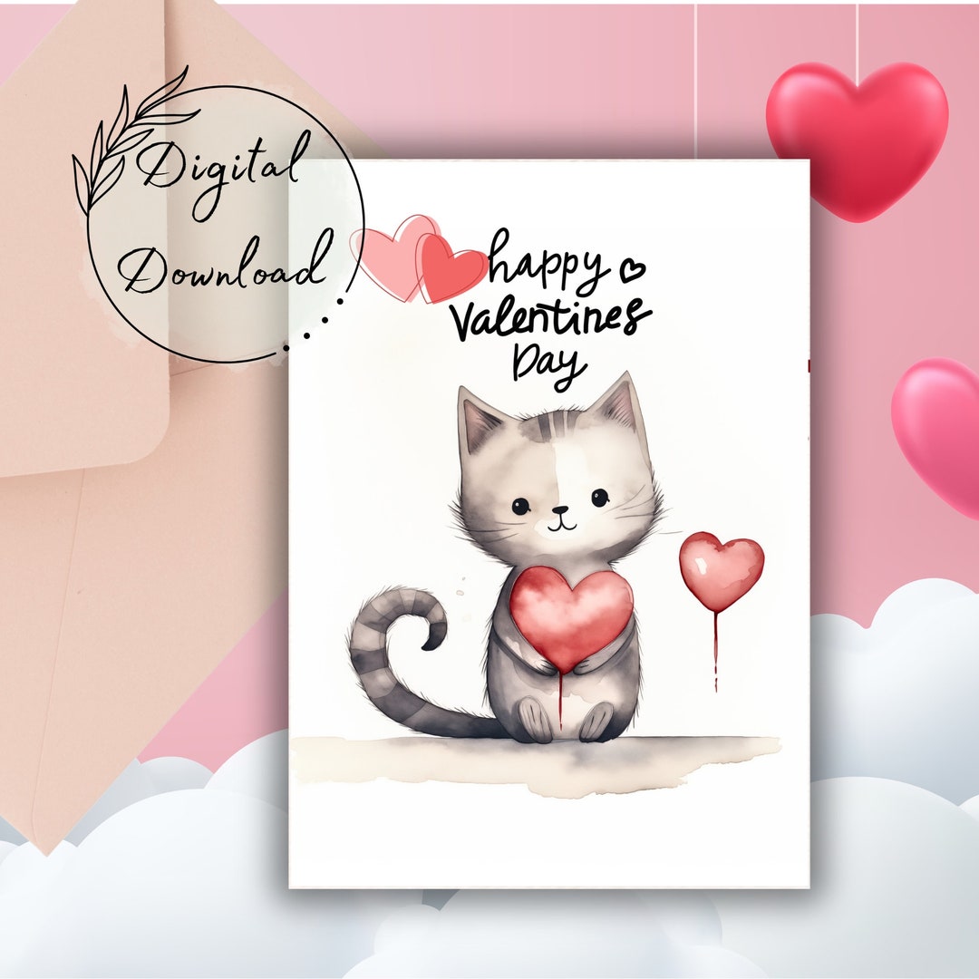 Printable Cat Valentine's Greeting Card, PDF Download, All-occasion ...