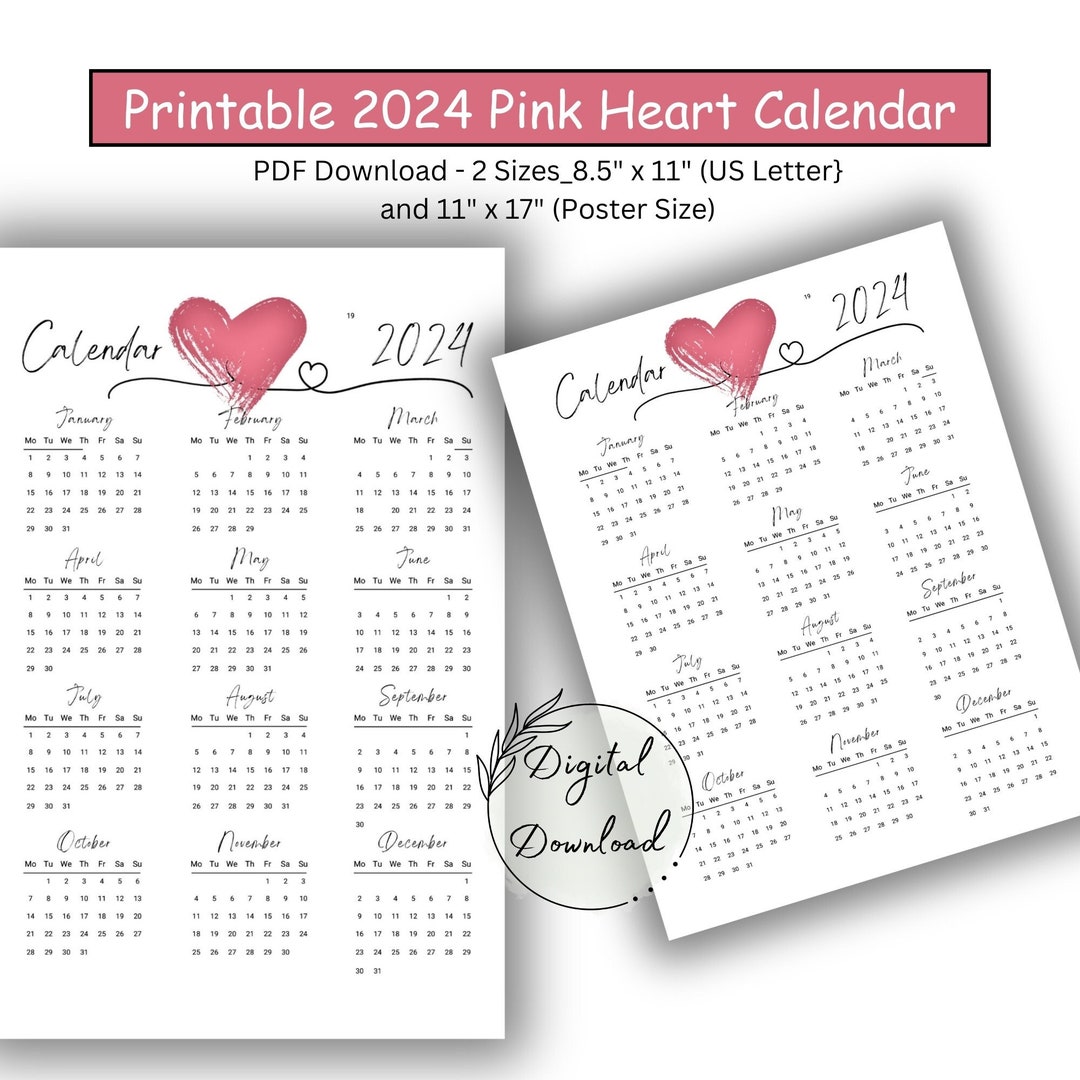 Printable 2024 Pink Hearts Calendar, Calendar Gift for Her, PDF ...