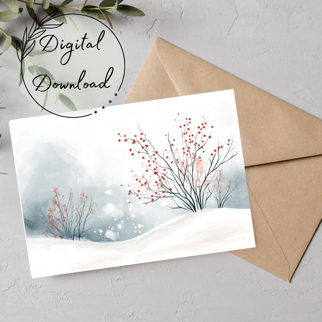 Soft Muted Watercolor Winter Landscape Card, Peaceful Holiday Greeting ...