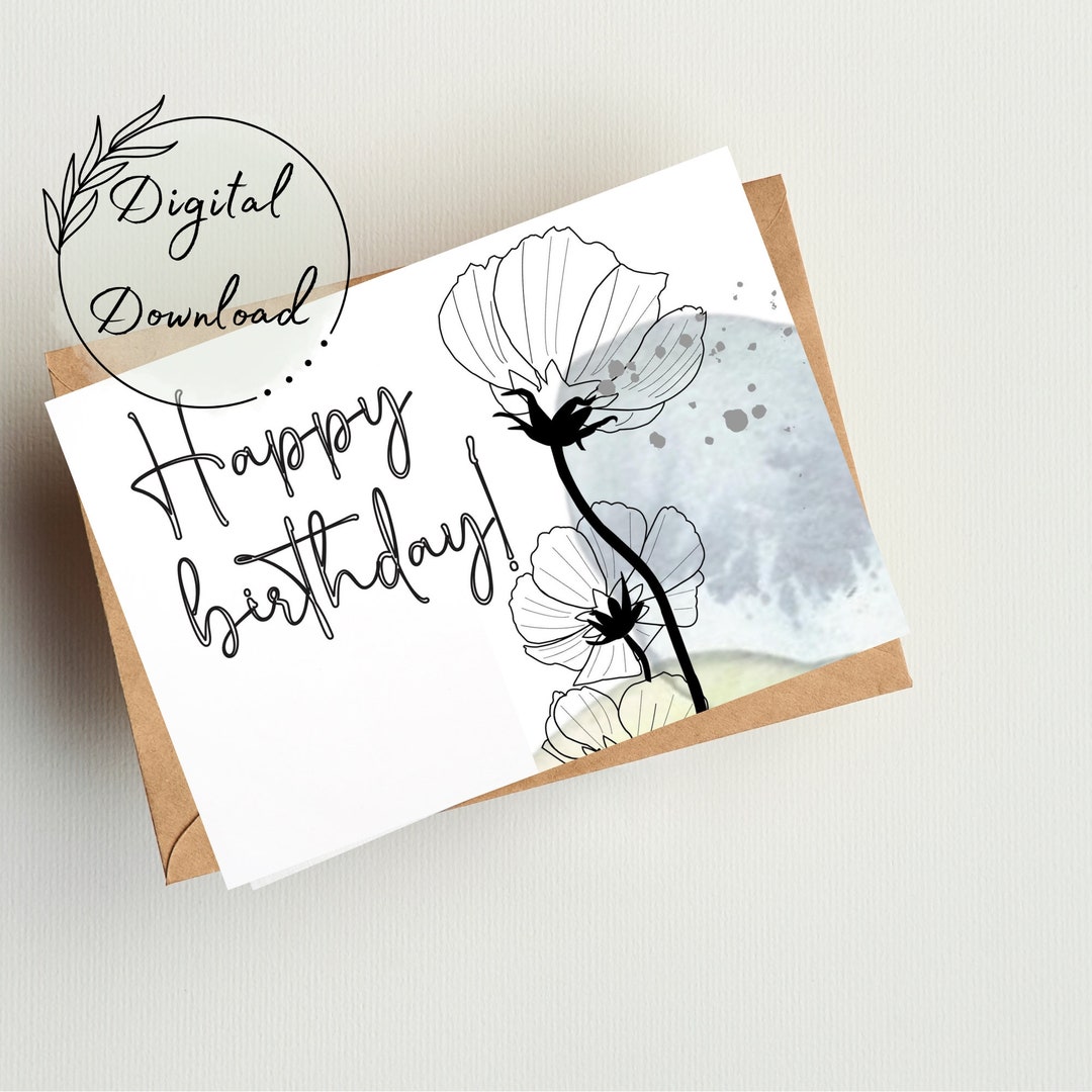 Printable Happy Birthday Flowers Card, PDF Download, Birthday Card for ...