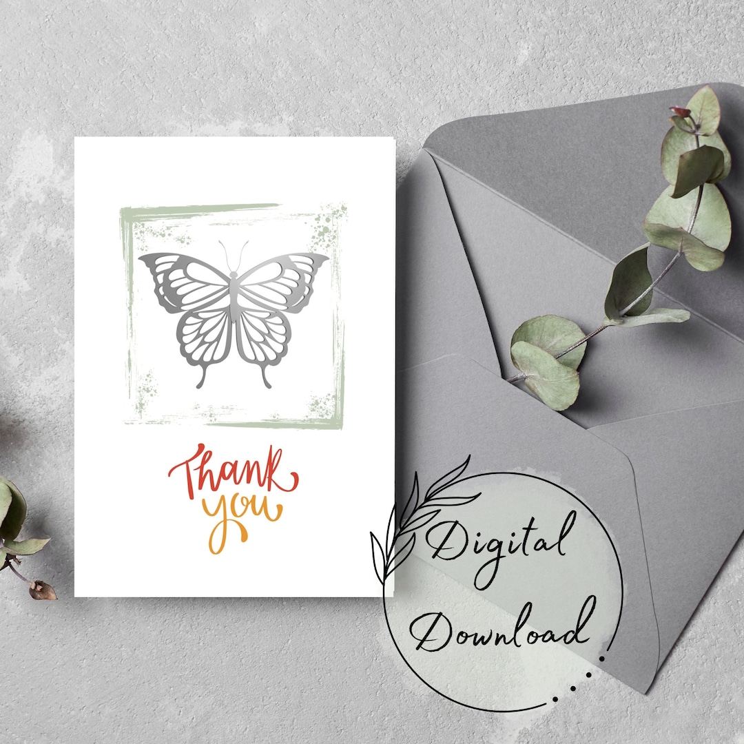 Butterfliy Printable Thank You Greeting Card, PDF Download, All ...