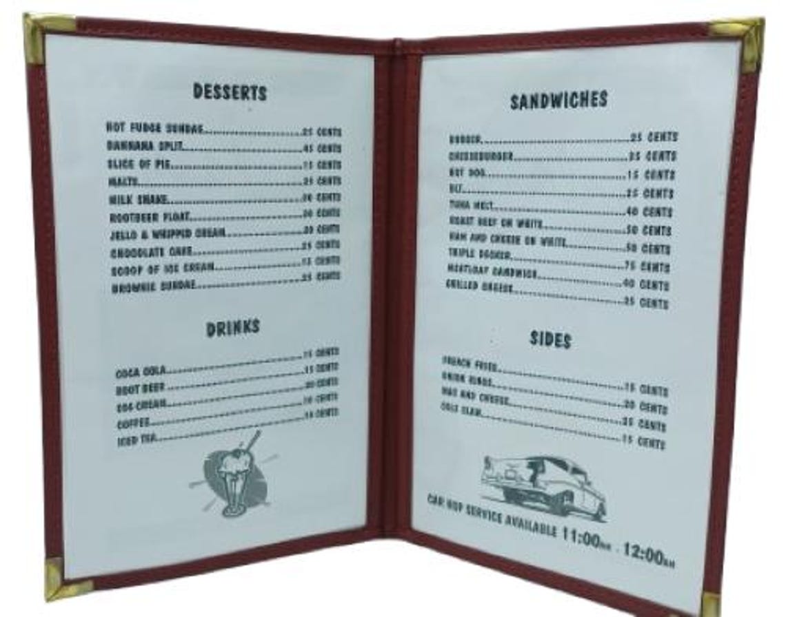 50's Diner Menu Fake Food Replica - Etsy