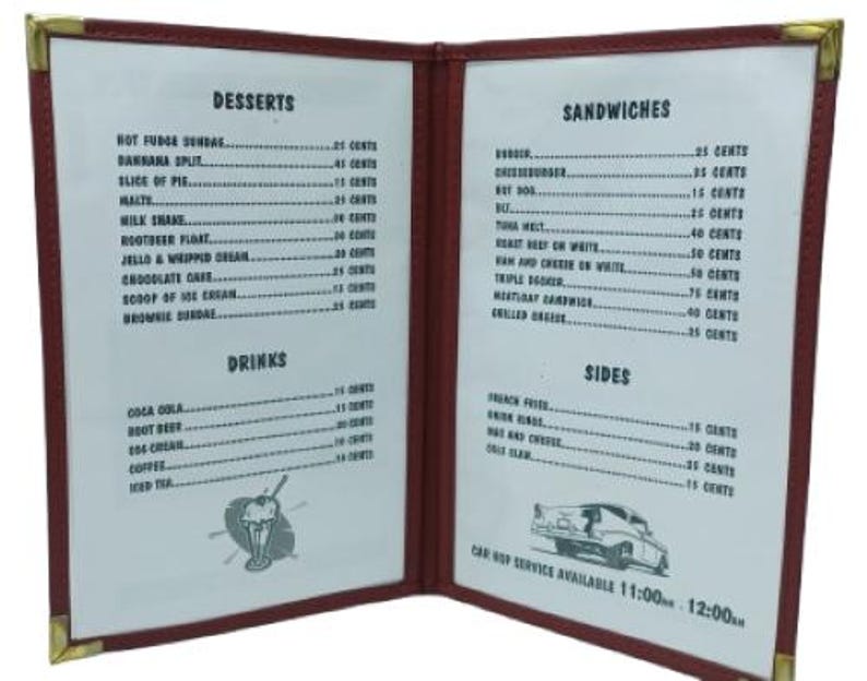 50's Diner Menu Fake Food Replica - Etsy