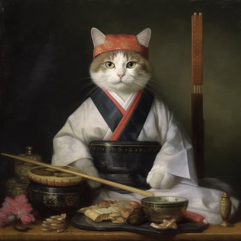 Sushi Chef Cat Funny Animal Wall Decor Cat Chef Kitchen Decor Portrait ...