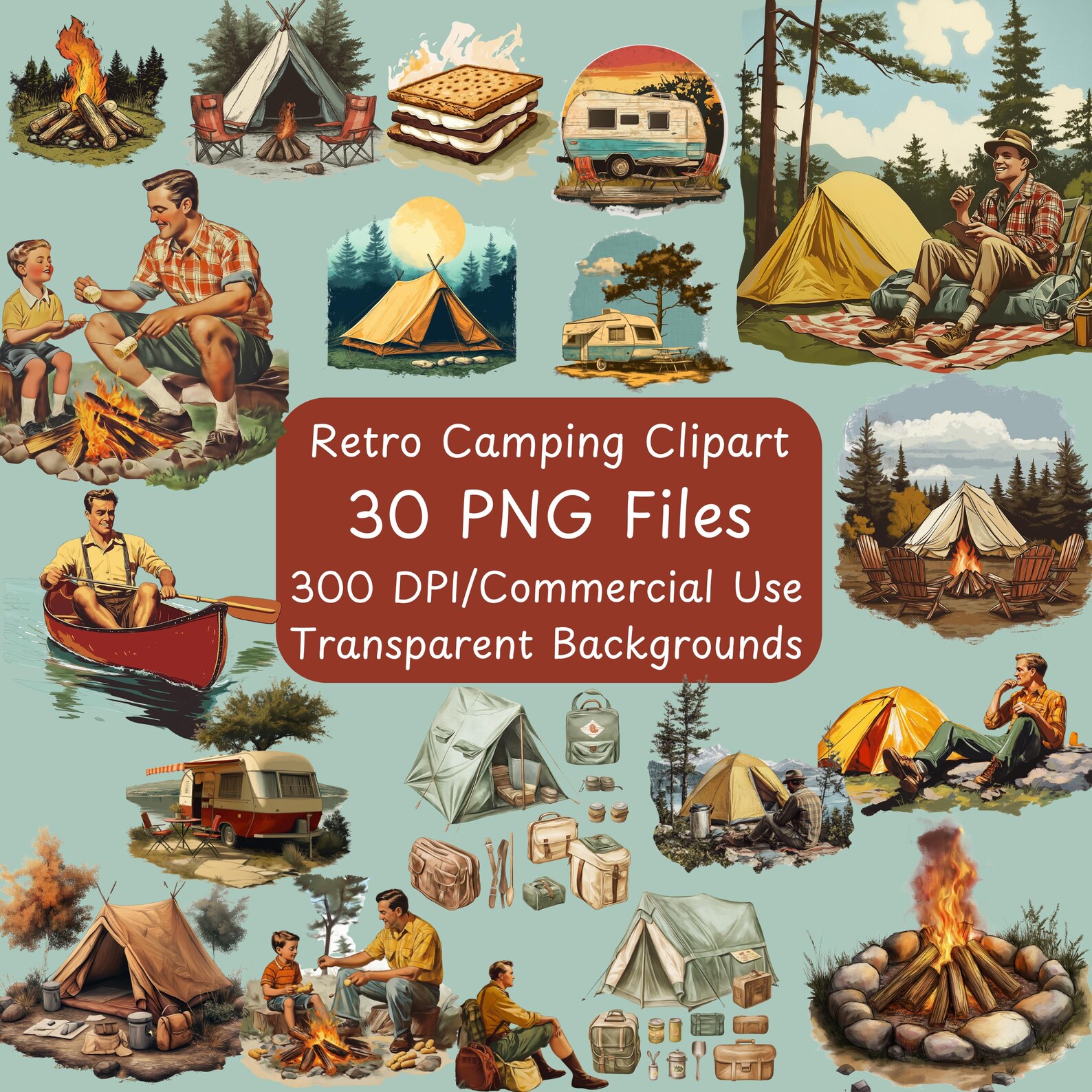 Retro Camping - Clipart Bundle - 36 PNG Files - Commercial Use ...
