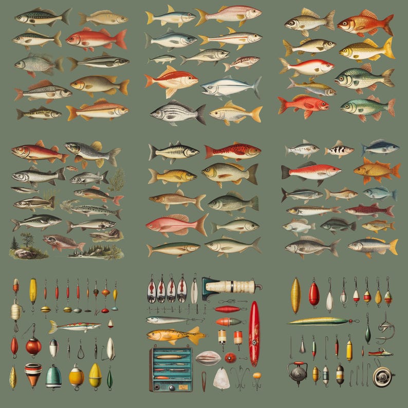Vintage Fishing - Clipart Bundle - 60 PNG Files - Commercial Use ...