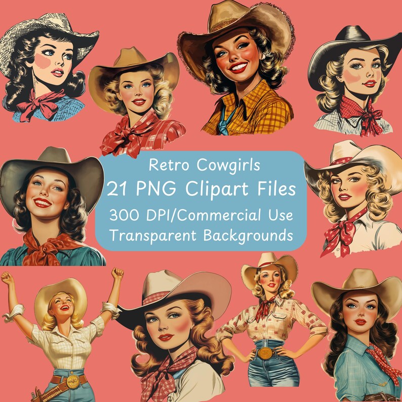 Retro Cowgirls - Clipart Bundle - 21 PNG Files - Commercial Use ...