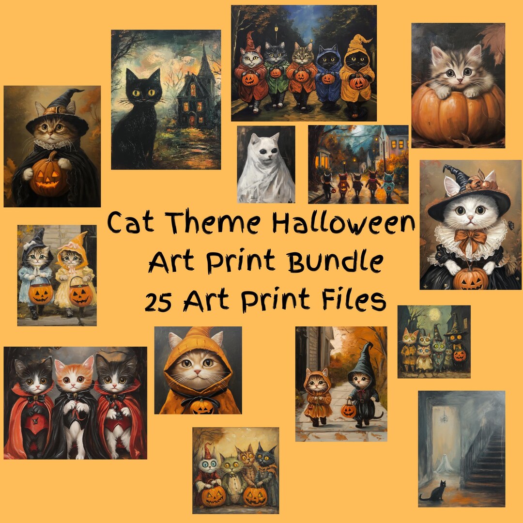 Halloween Cat Art Bundle - Halloween Cat Theme - 25 Art Prints - Funny ...