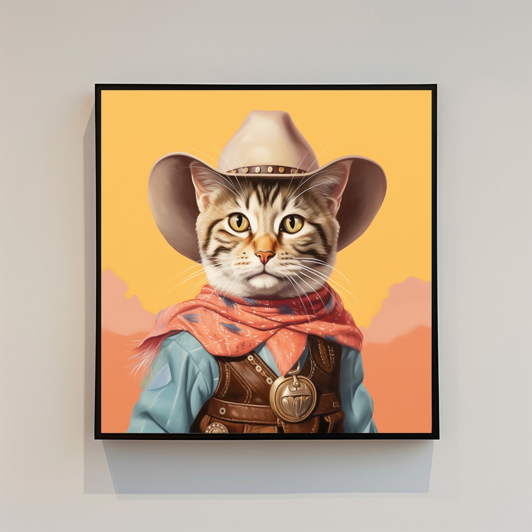 Cowboy Cat Cat Art Portrait Sheriff Cat in A Hat Art Print Funny Wall ...